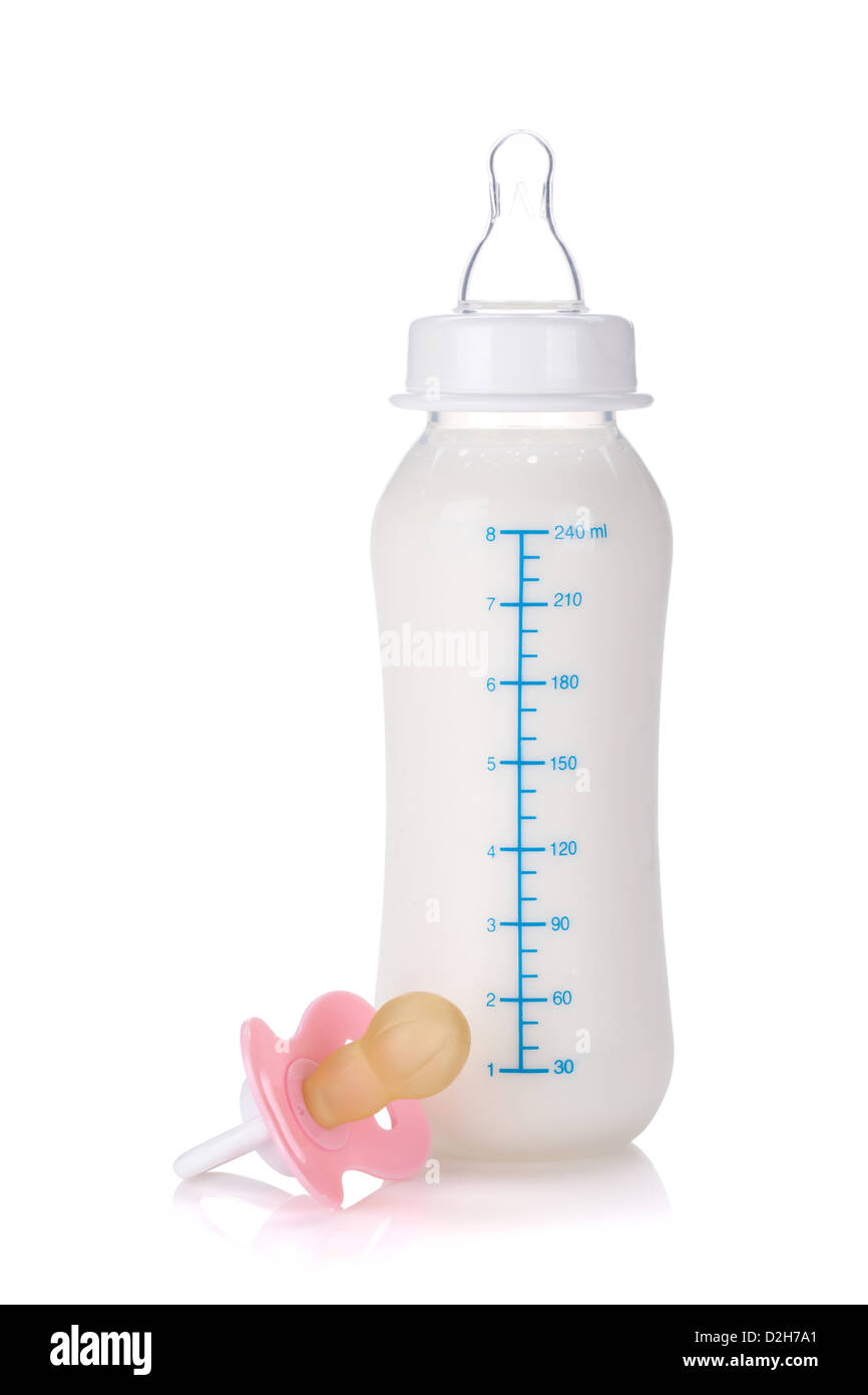 Baby bottle with milk and pacifier. Isolated on white background Stock ...