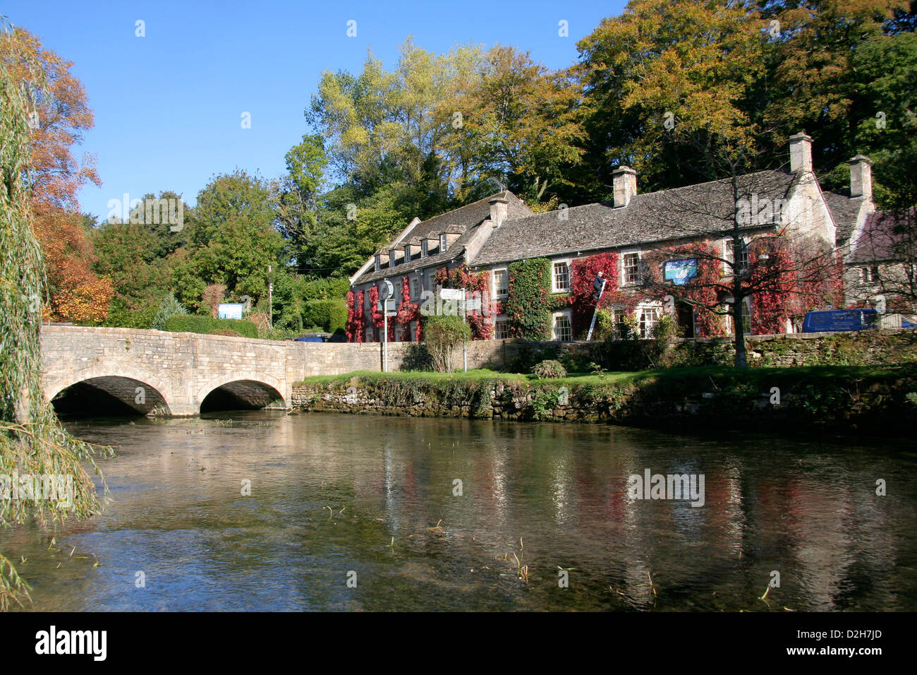 Autumn River Coln Swan Inn Bibury Gloucestershire England UK Stock ...