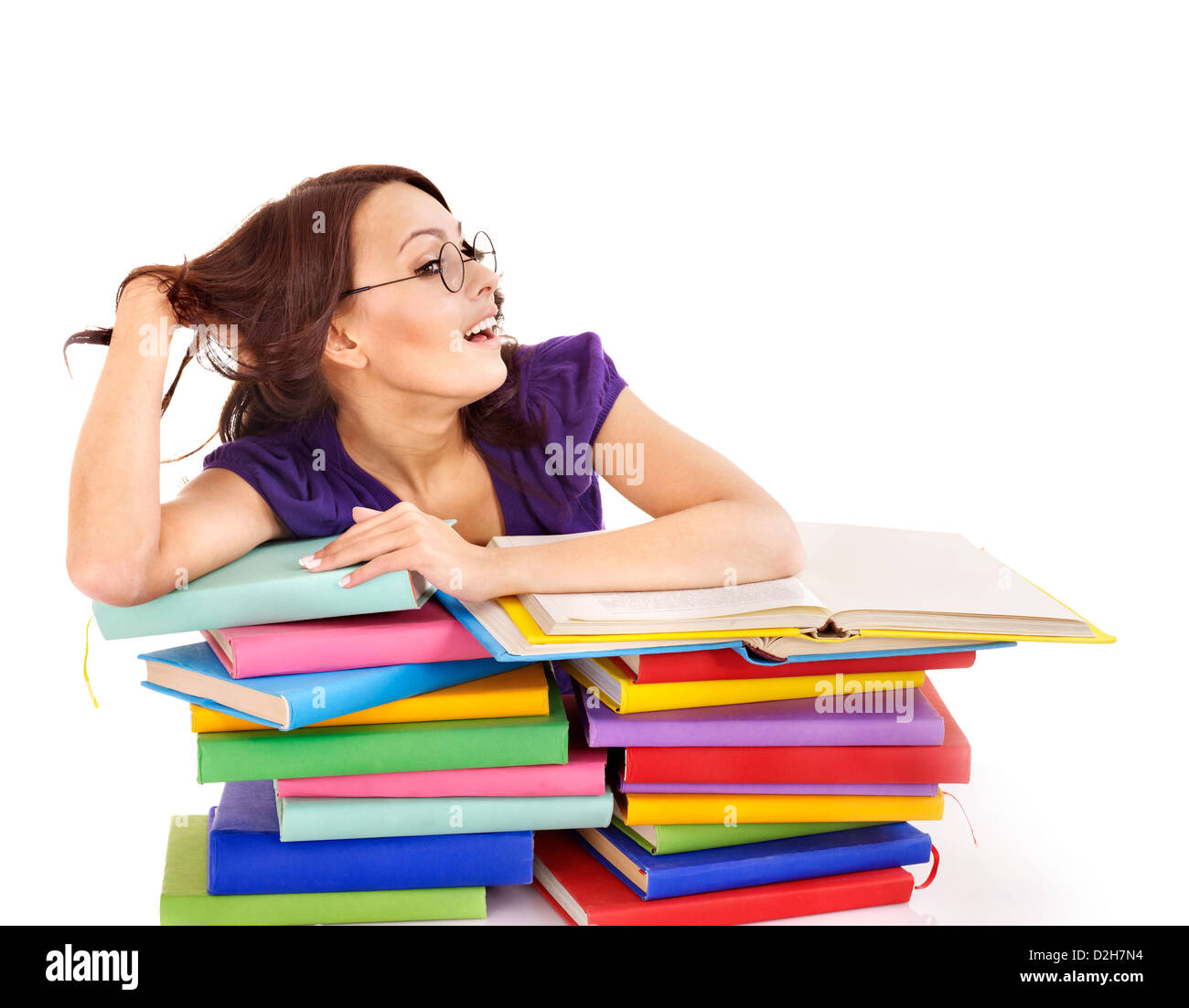 Happy student with stack book Stock Photo - Alamy