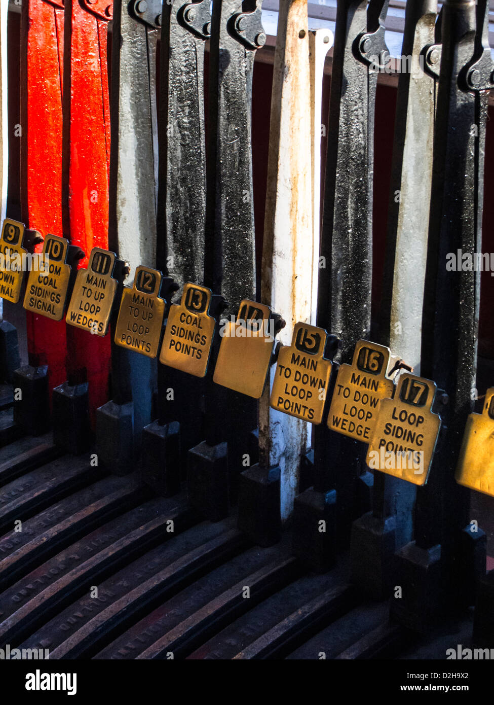 Beamish Museum. Railway signal controls in a signal box from Carr House ...