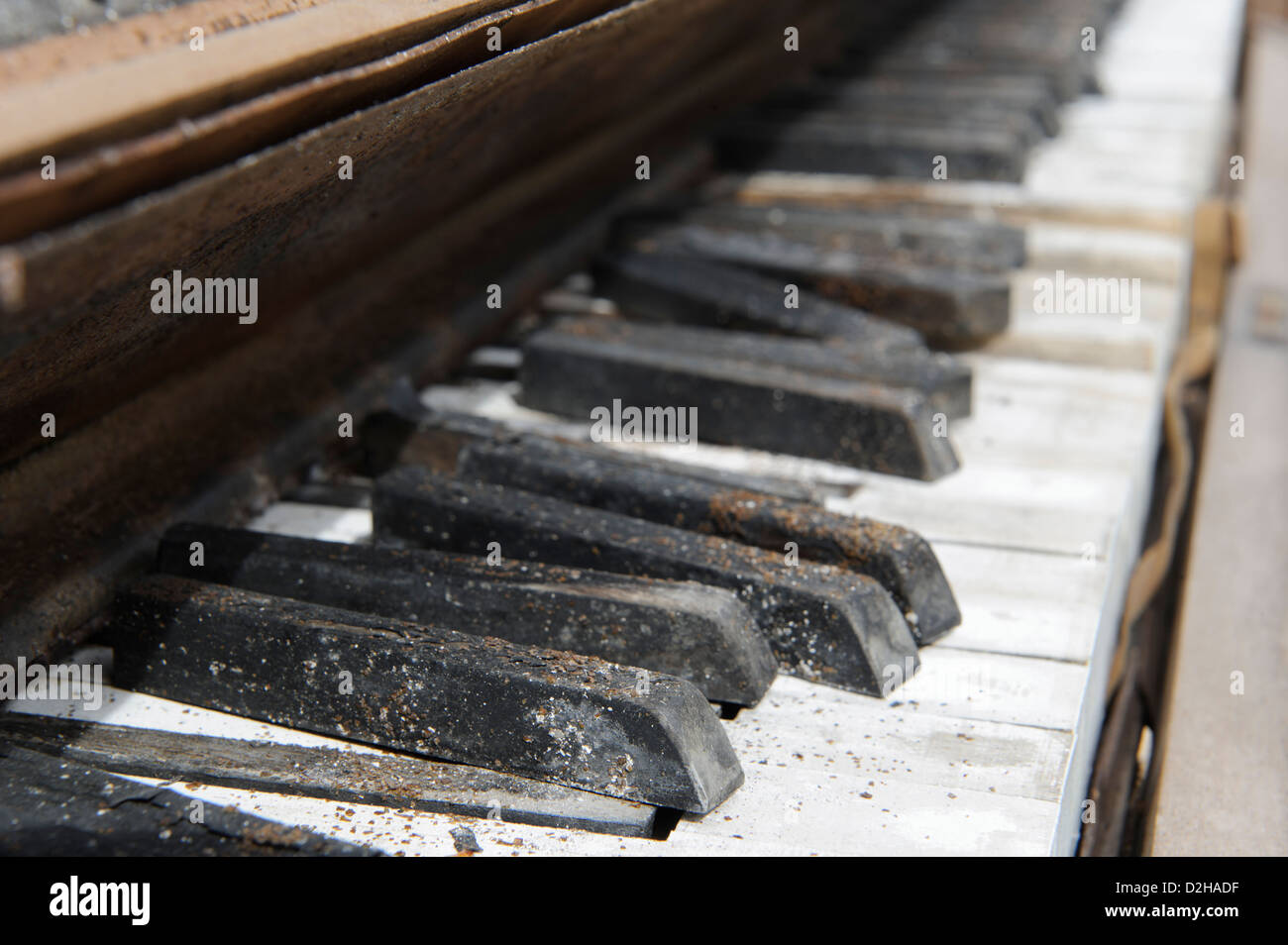Piano keys close up, an abandoned, broken keyboard sitting outside in ...