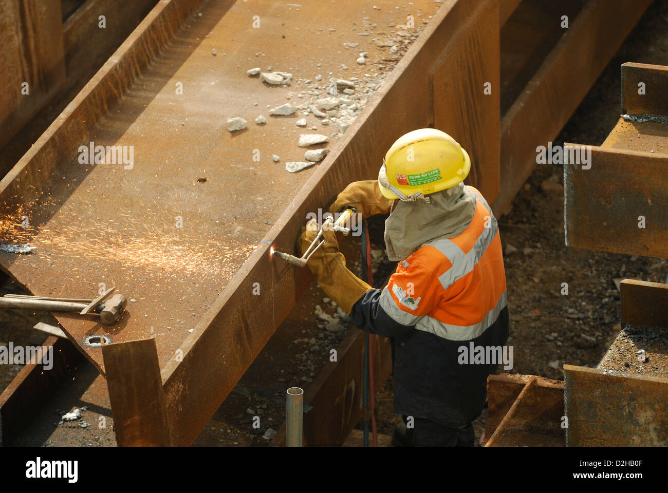 Welder torch cutting into a large steel I-beam, Hong Kong Stock Photo ...