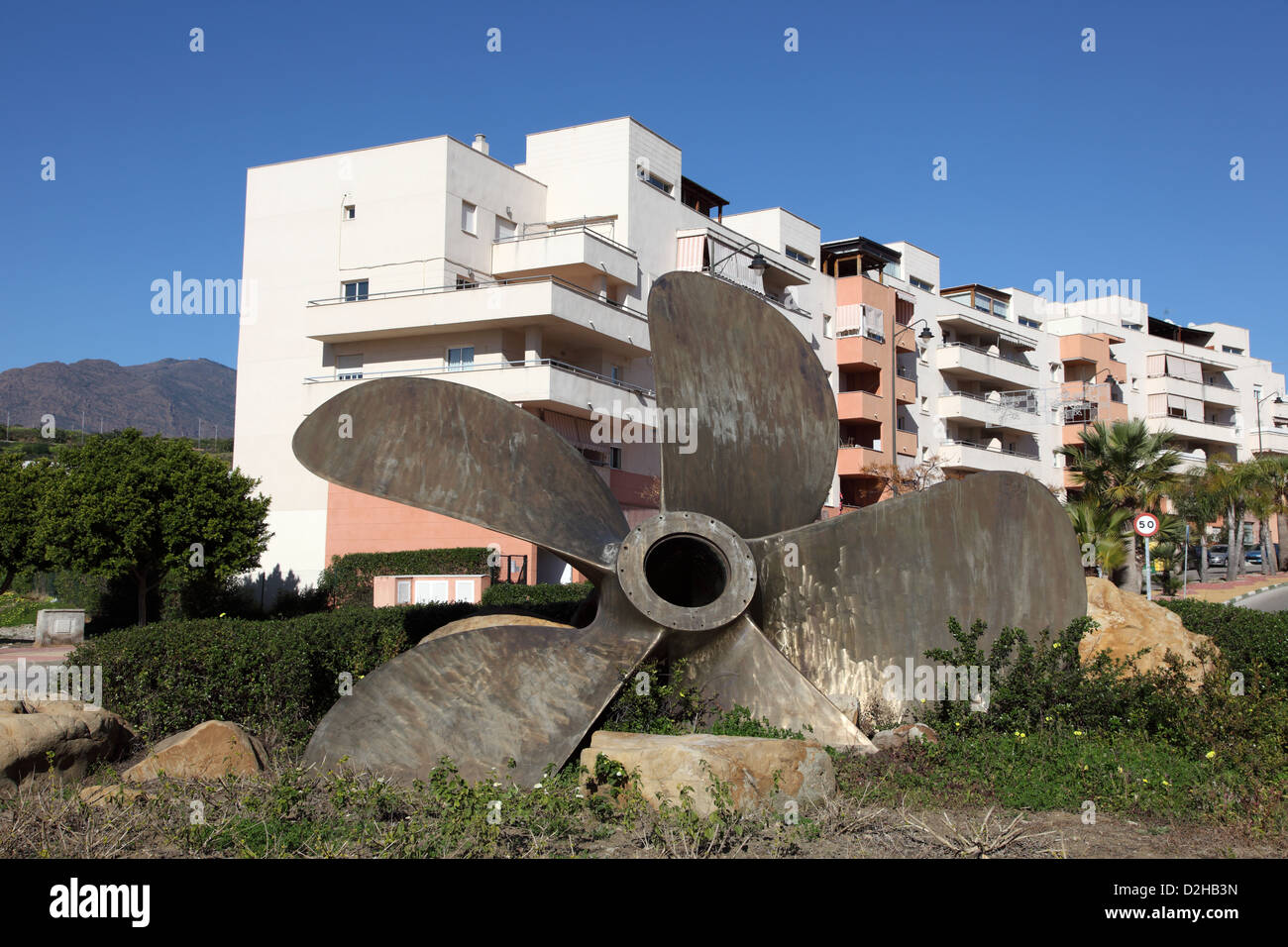 Ship propeller in a roundabout in the city of Estepona, Andalusia ...