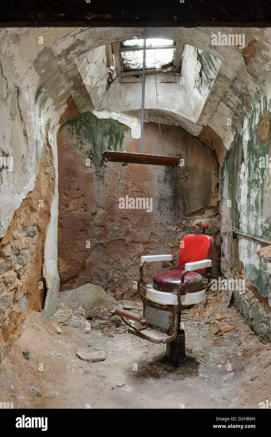 Barber shop chair in decaying prison cell, creepy and haunted ruins at ...