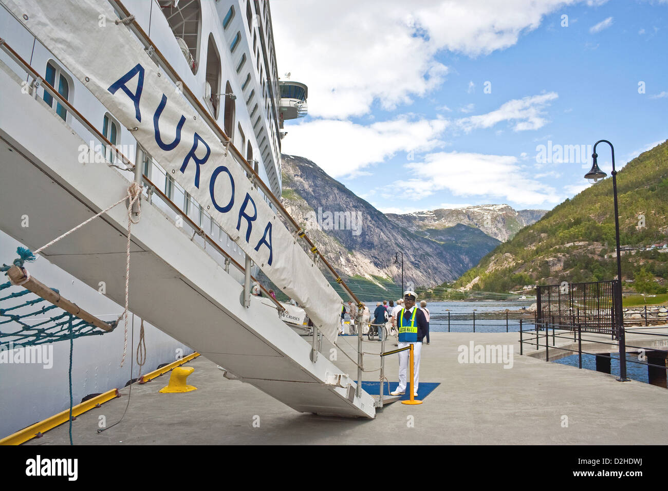 Ship's security guard at a boarding gangway to the P&O cruise liner ...