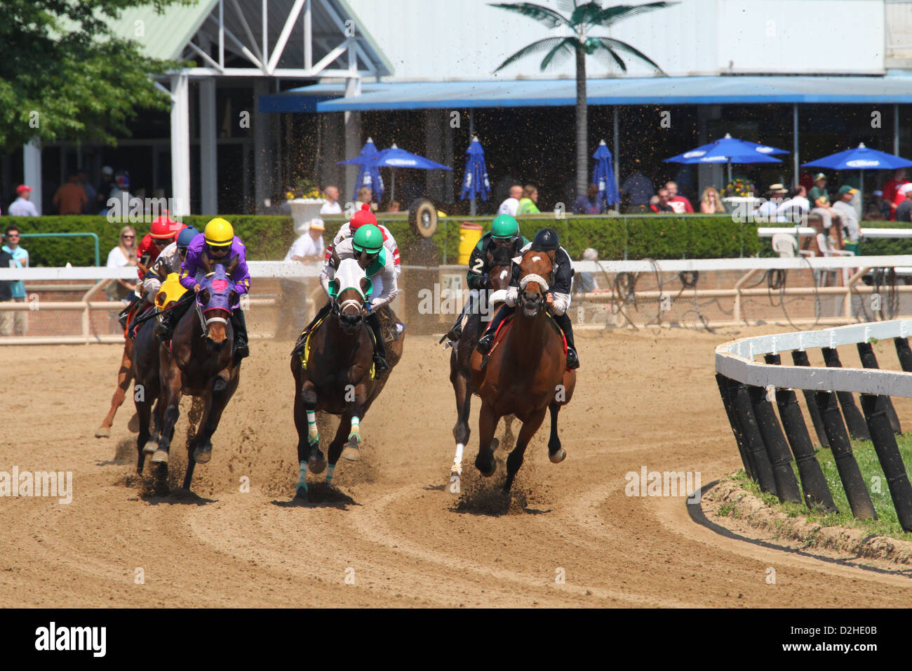 Horse Racing at River Downs track, Cincinnati, Ohio, USA. Focus is on ...