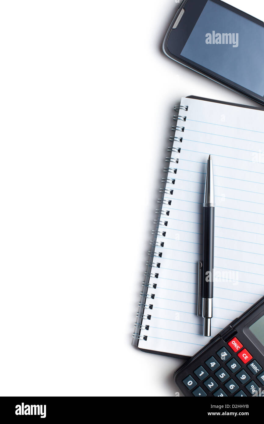 Office concept. Calculator, pen, notebook and cellphone Stock Photo - Alamy