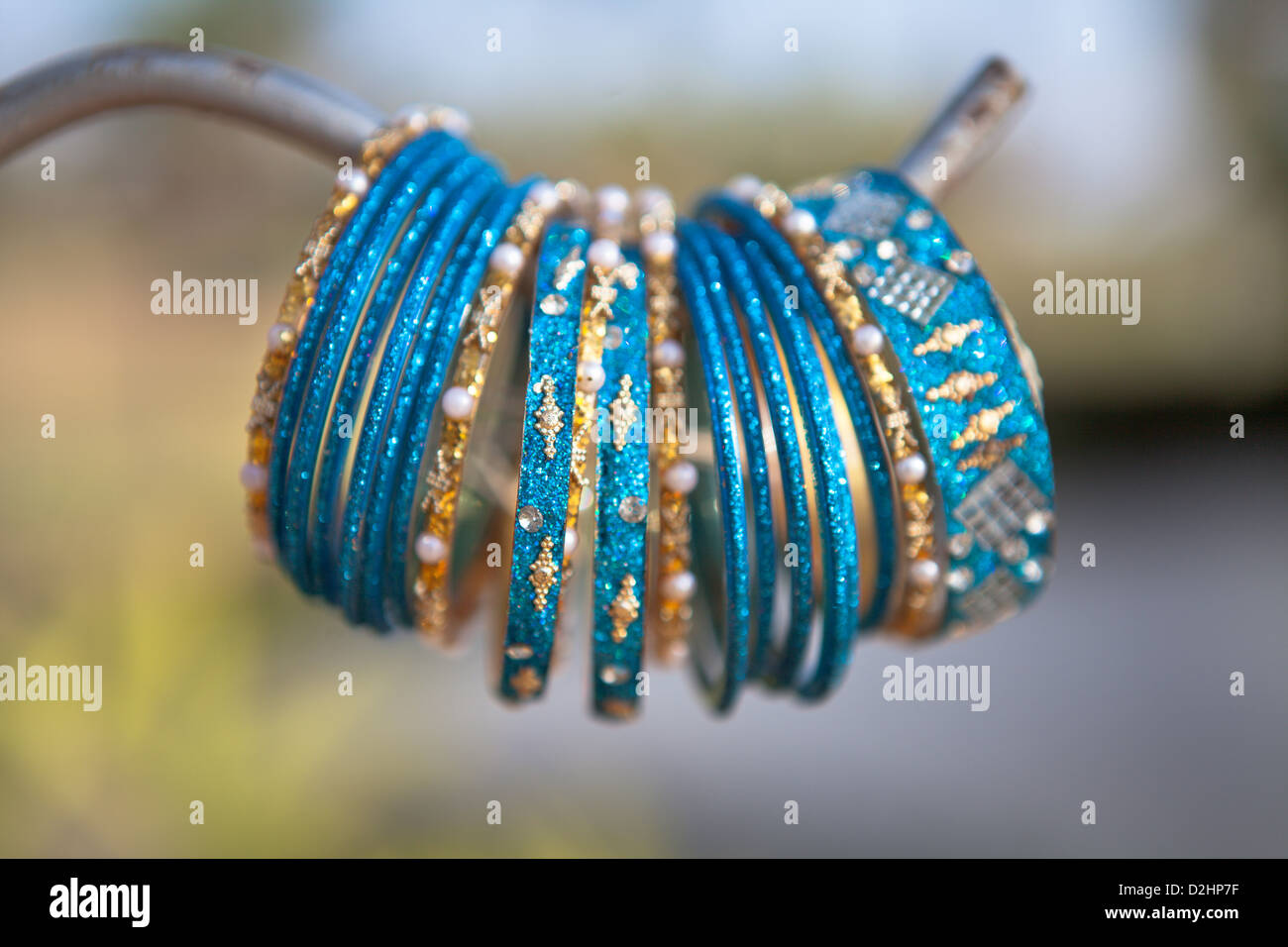 Brightly coloured blue bracelets for a Mendhi party, part of a Hindu ...