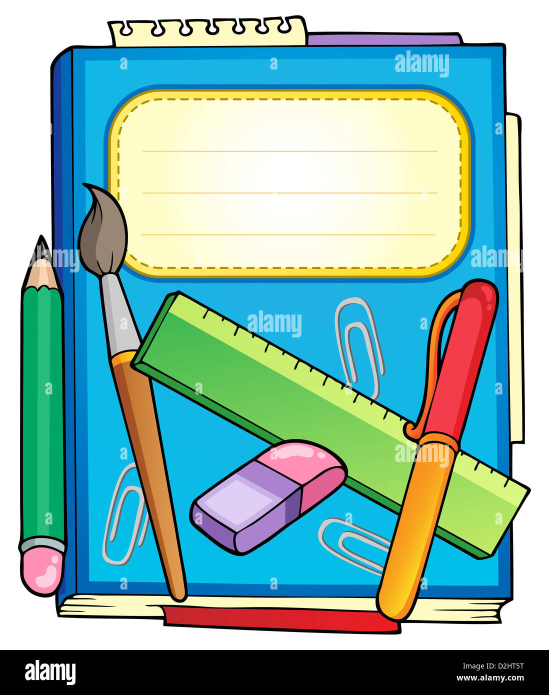 School notepad with stationery - picture illustration Stock Photo - Alamy