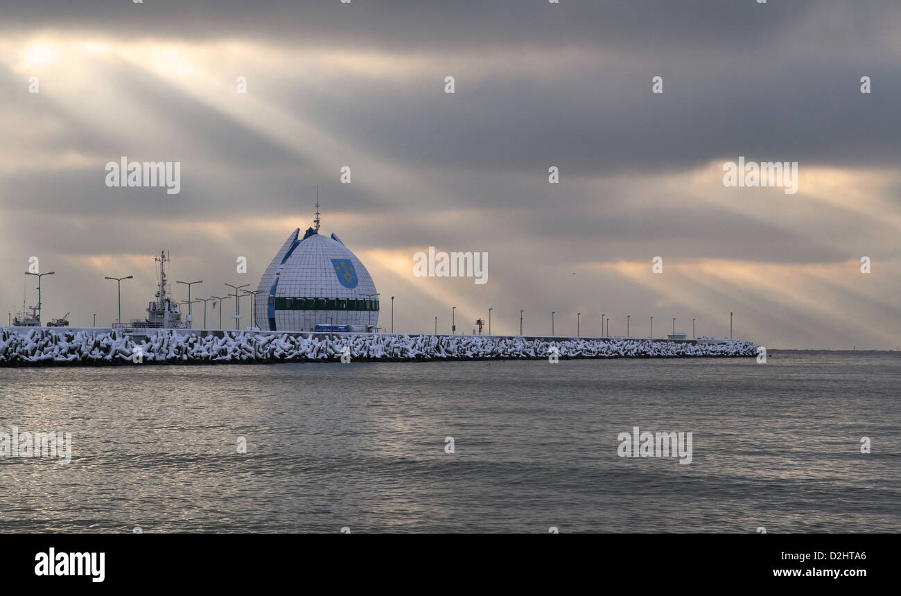 Hel Peninsula Docks landmark modern building on a snowy afternoon ...