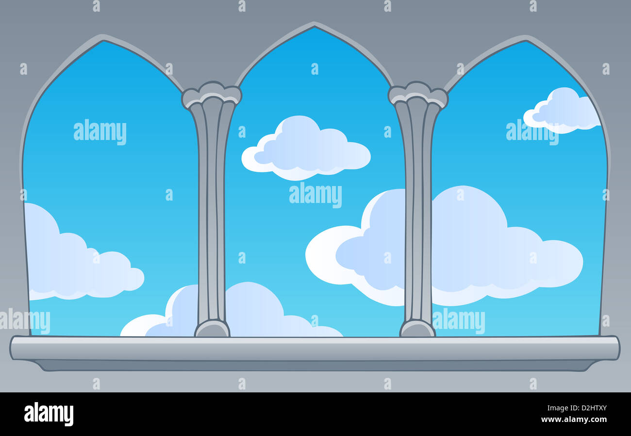 Castle window view on blue sky - picture illustration Stock Photo - Alamy