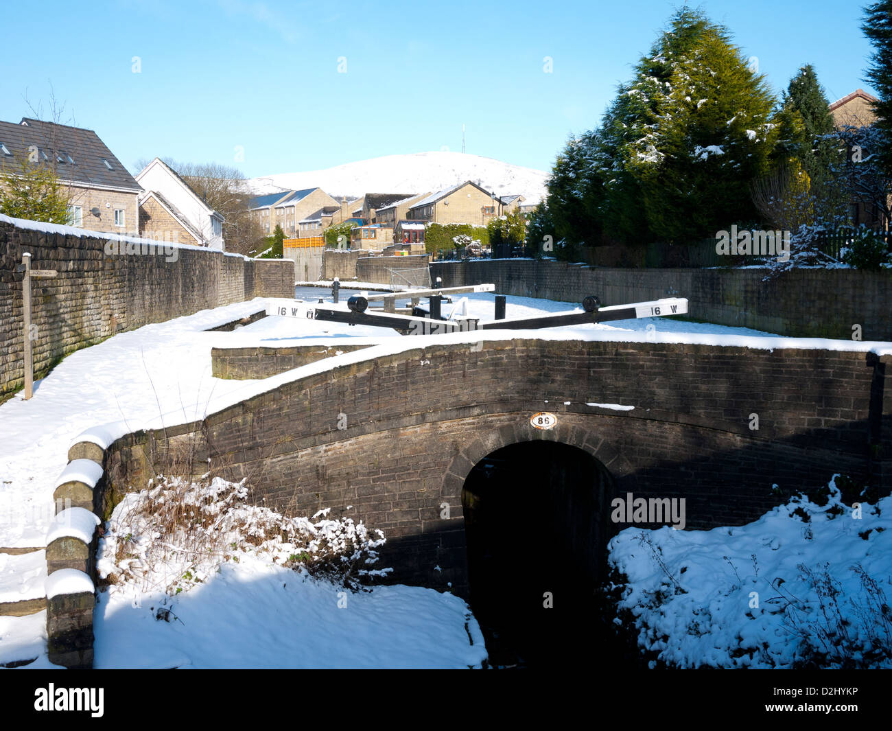 Lock Gates on the Huddersfield Canal in winter,Mossley, Greater ...