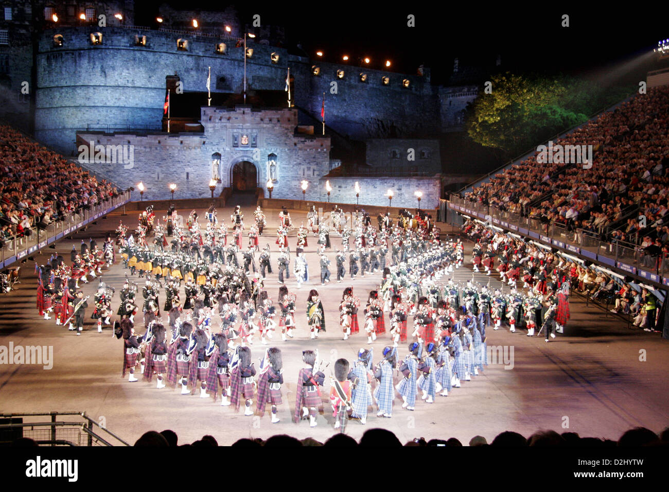 Massed bands illuminated with floodlights at the Finale on the Parade ...