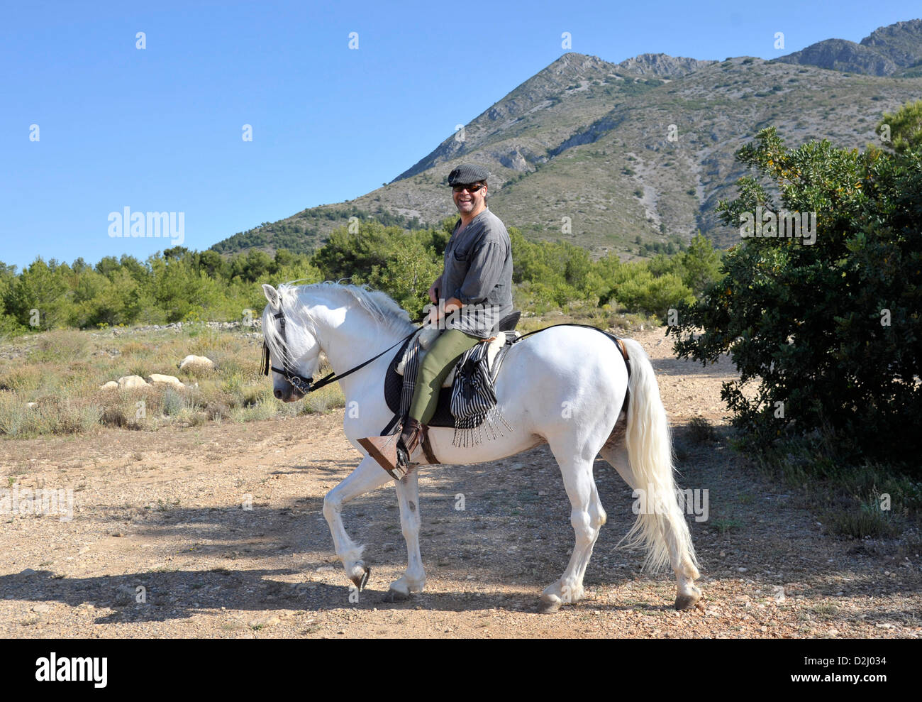 spanish man in his forties and his white Andalusian Gelding outside in ...