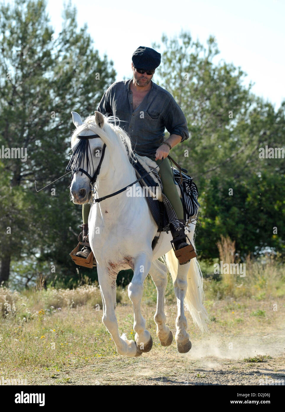 spanish man in his forties and his white Andalusian Gelding outside in ...