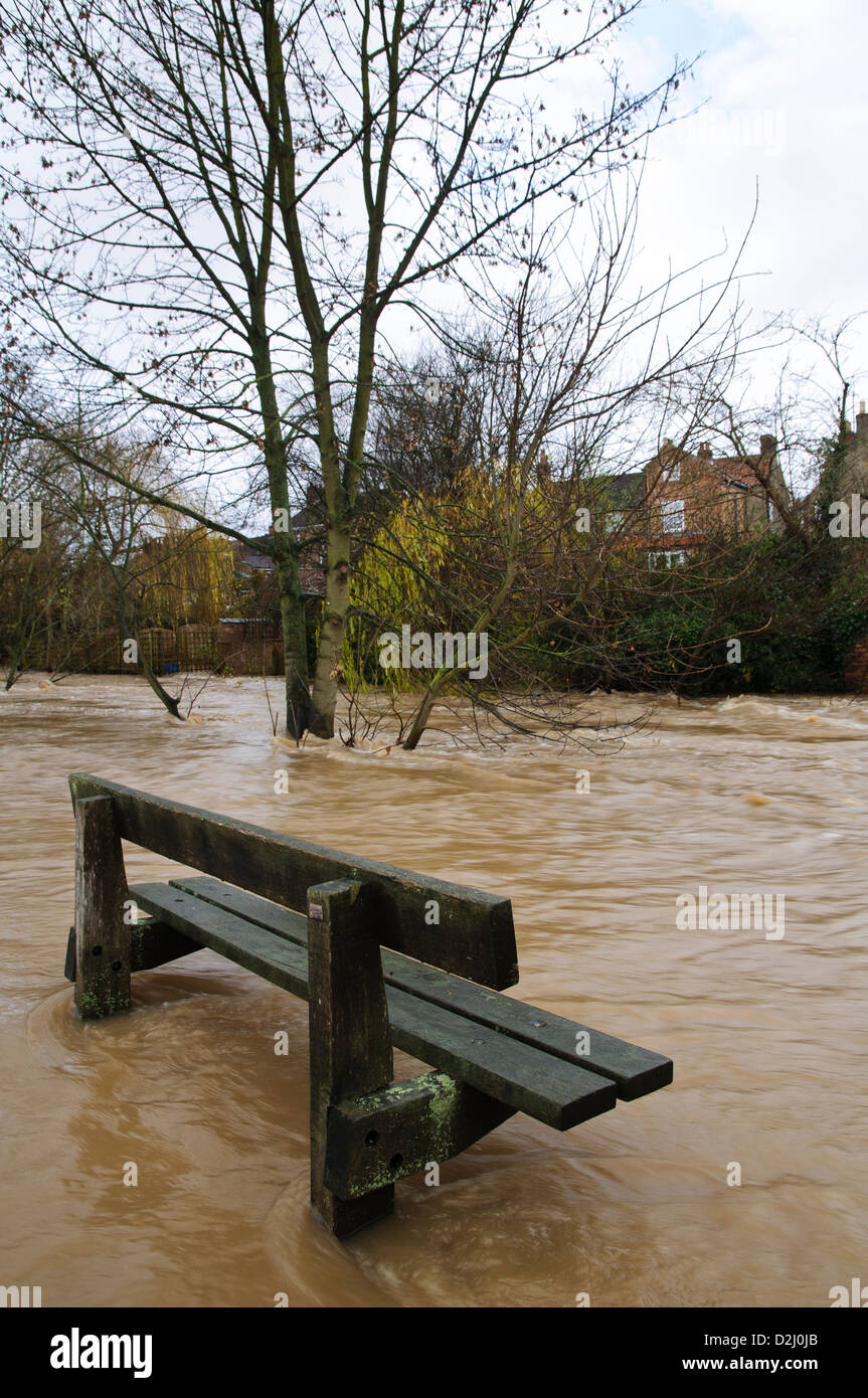 riverside bench partially submerged in flood waters from Cod Beck ...