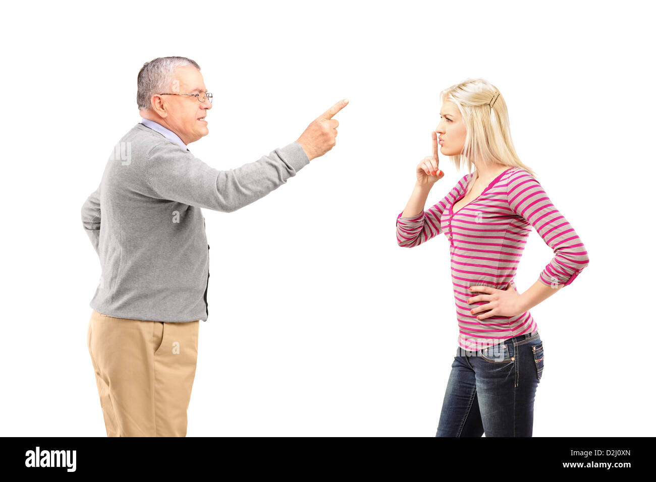Father reprimanding his daughter isolated on white background Stock ...