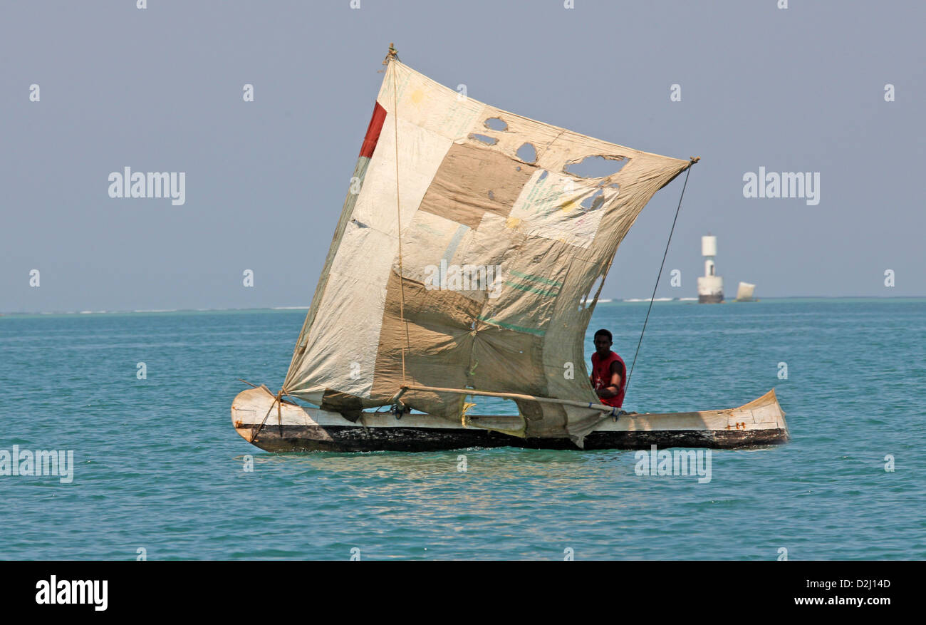 Malagasy Outrigger Pirogue with Patchwork Sail, Anakao, Madagascar ...