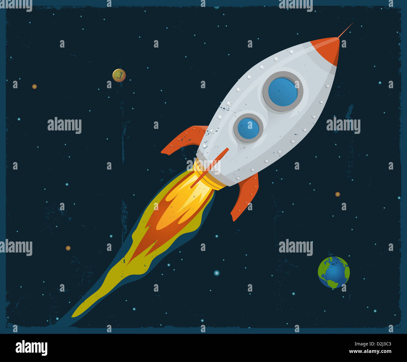 Illustration of a rocket ship flying through outer space Stock Photo ...
