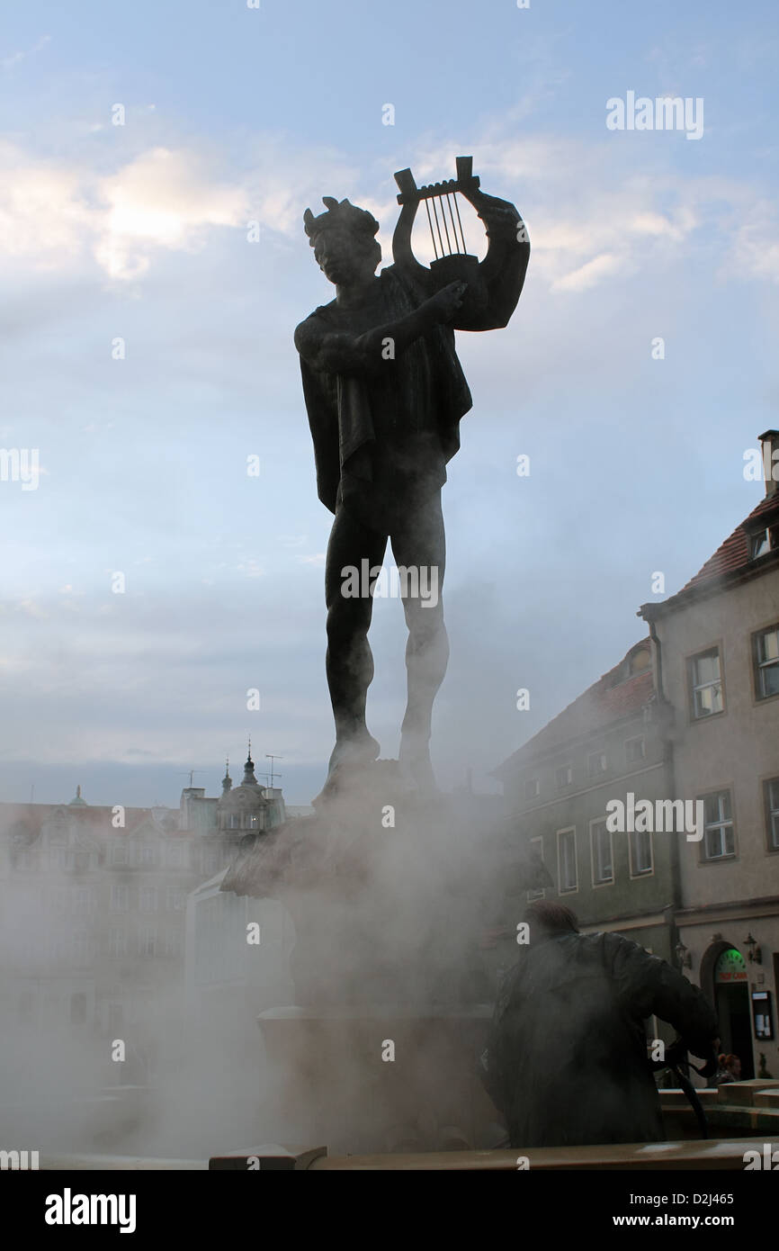 Poznan, Poland, the Apollo fountain is cleaned with high pressure water ...