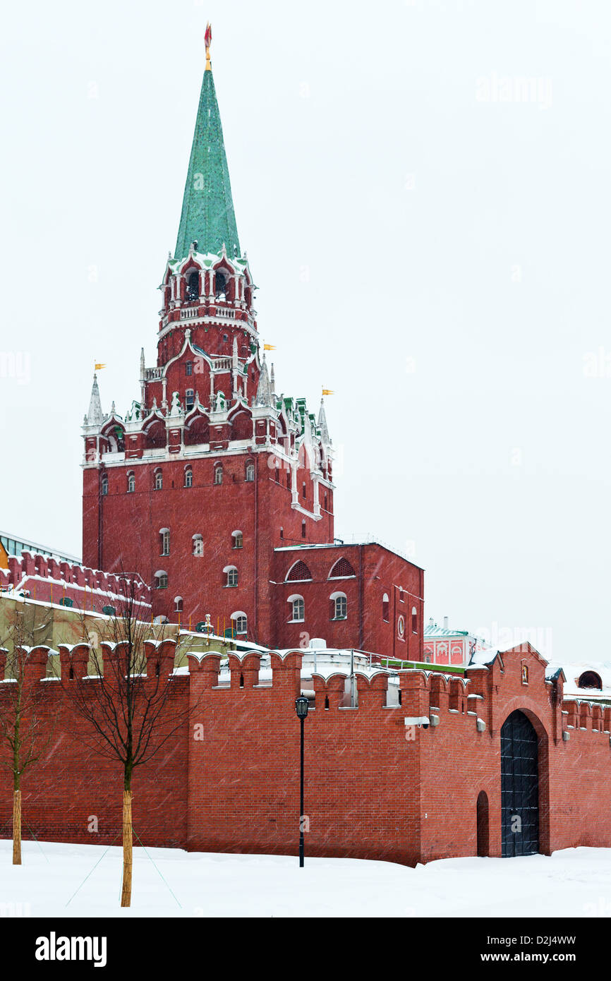 snow in Moscow - view of Kremlin Troitskaya Tower in winter snowing day ...