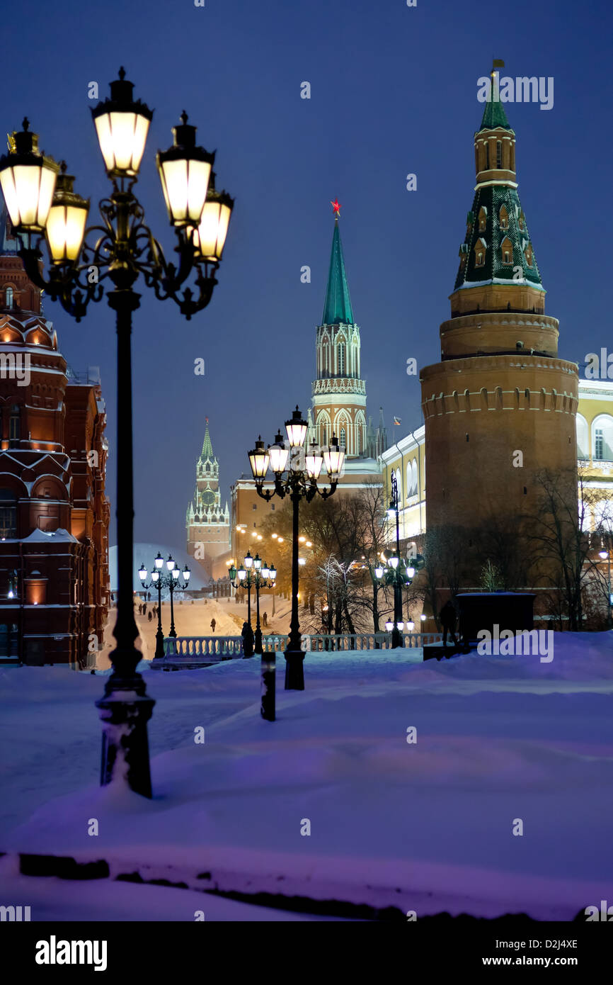 snow in Moscow - Kremlin towers in winter snowing evening Stock Photo ...