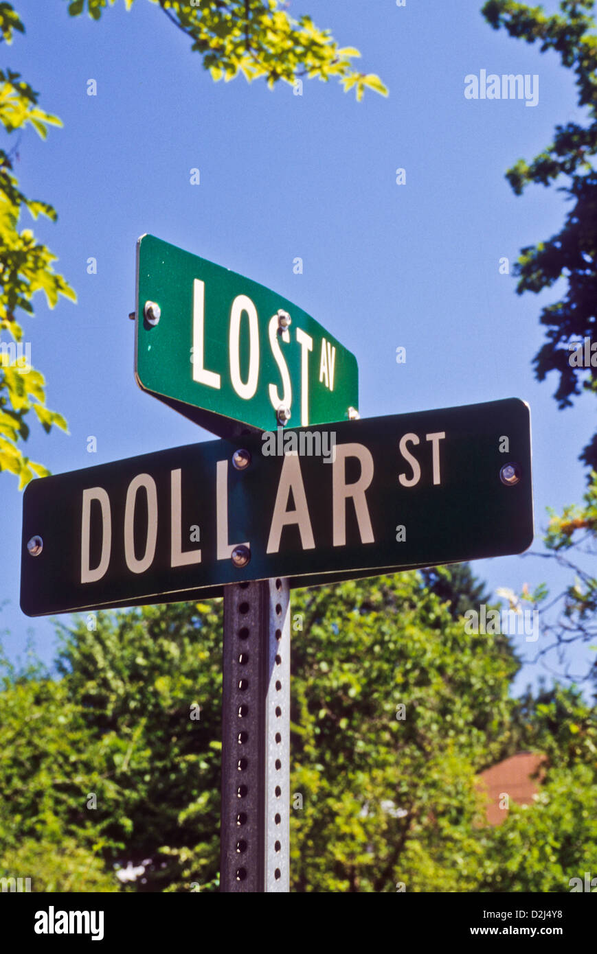 color photograph of a street sign, "Lost & Dollar" in Coeur d'Alene ...