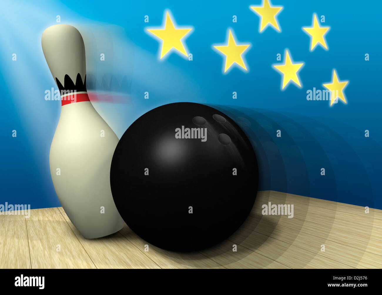 Stop action illustration close-up of bowling ball hitting pin, making ...