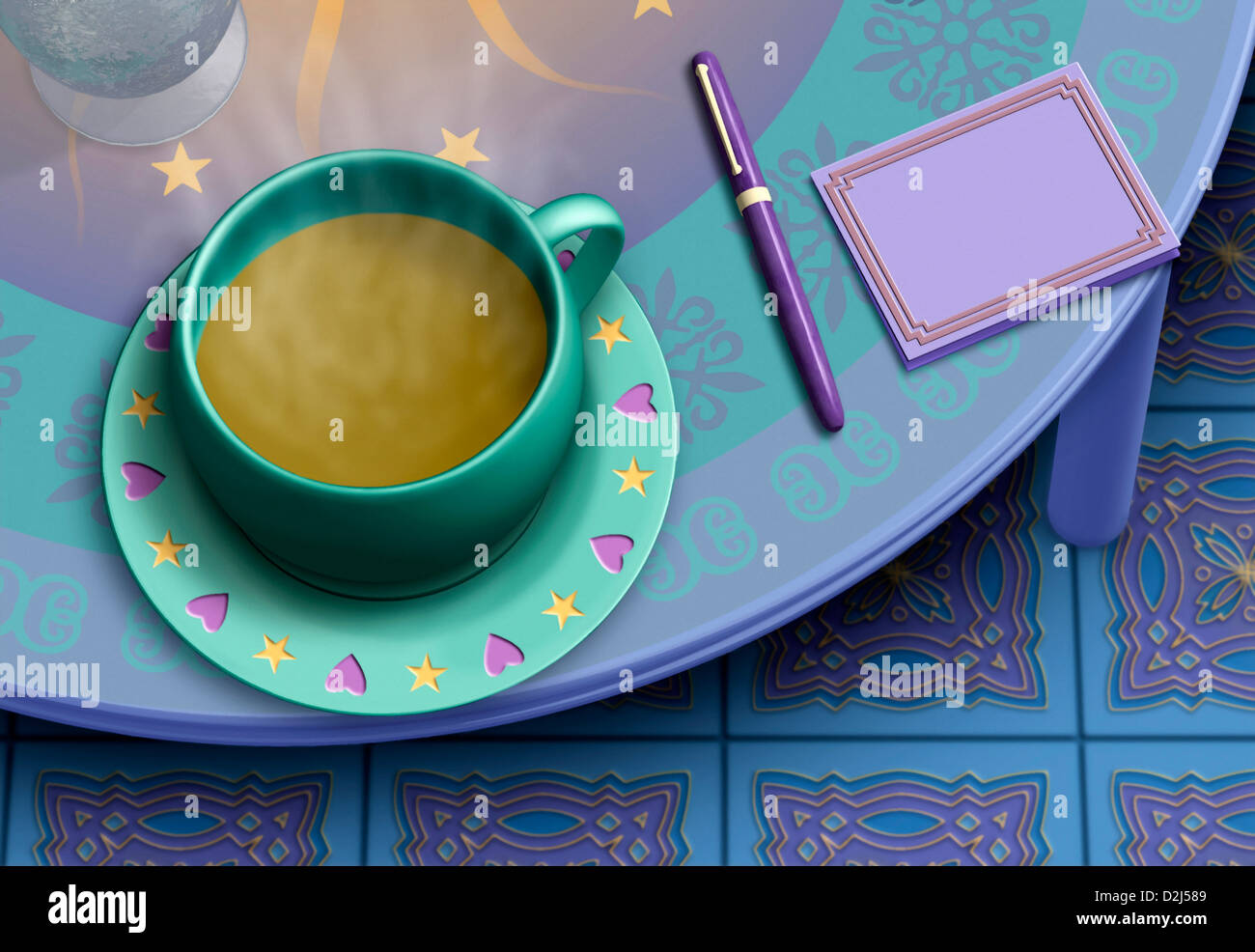 Enchanting colorful illustration of coffee cup, pen, and note paper on ...