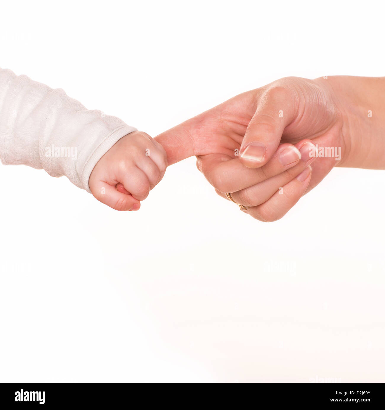 Baby holds mother's finger, trust family help concept, isolated on ...