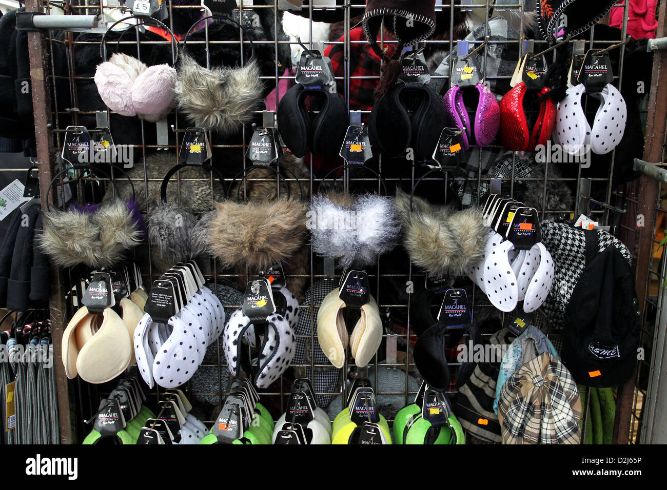 Ear muffs for sale on a rack in a shop in London Road, Brighton, East ...