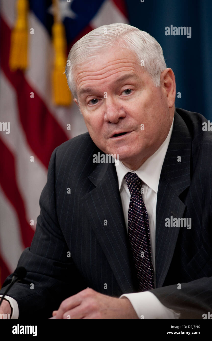 Secretary of Defense Robert Gates addresses the media at a press ...