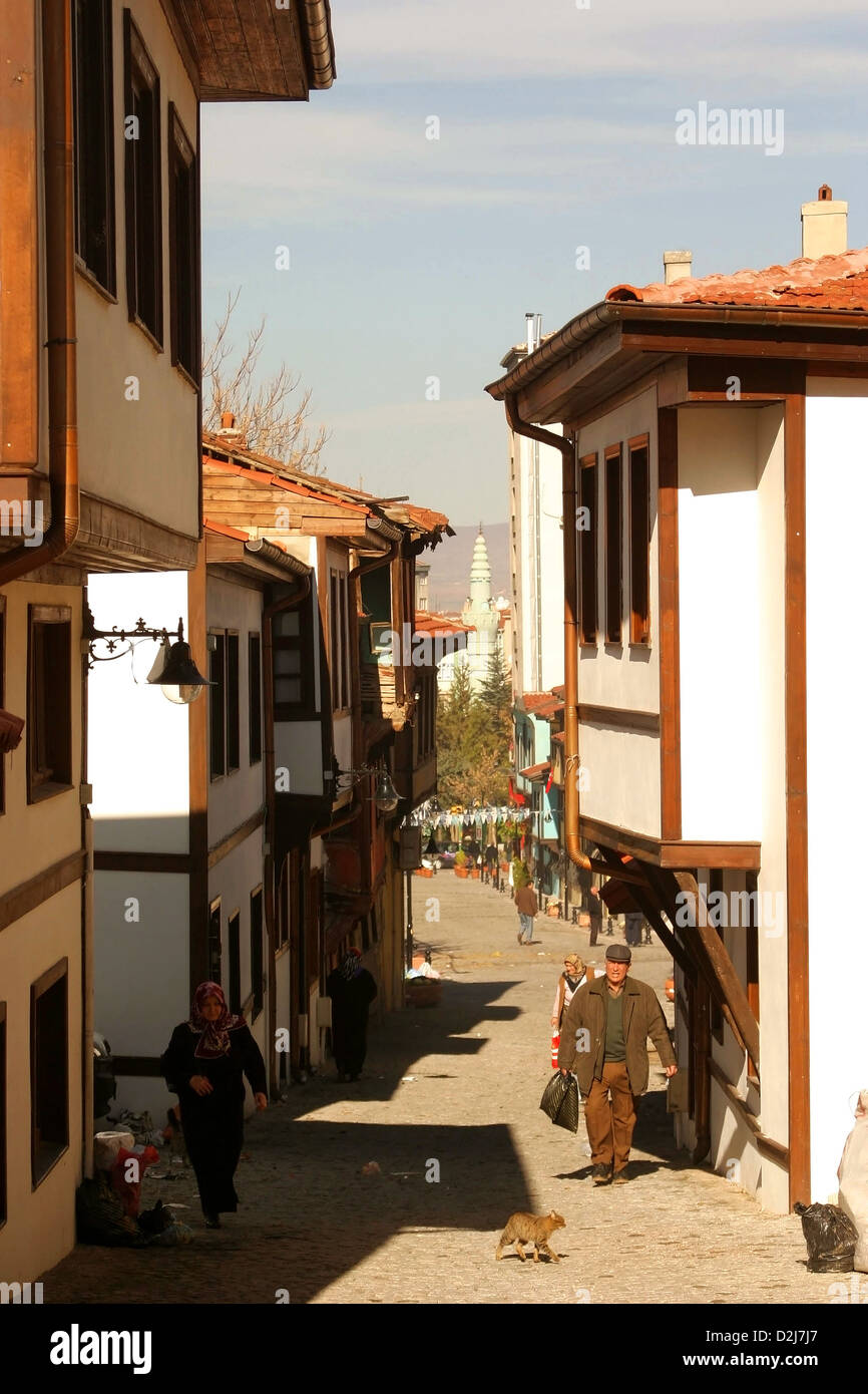 A Turkish street scene in the now restored old town in the city of ...