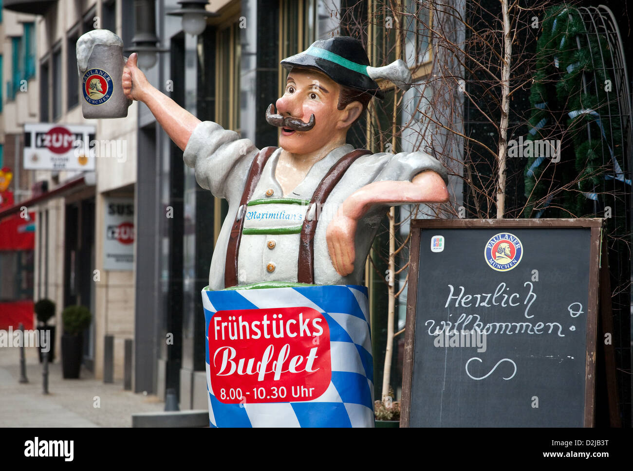 Berlin, Germany, advertising figure of Maximilian restaurant on ...