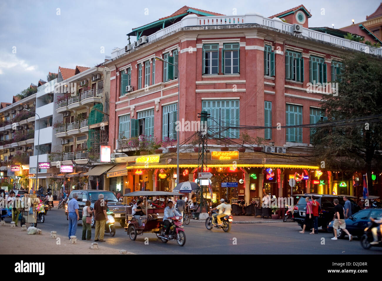 Phnom Penh, Cambodia, street scene in front of the Riverside Bistro on ...