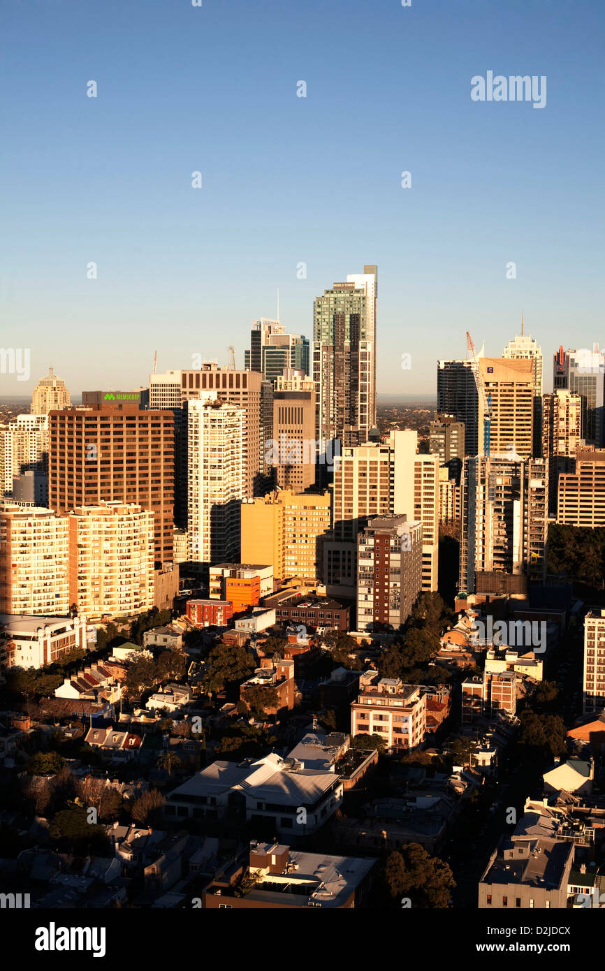 Early-morning aerial elevated view of the residential and office ...