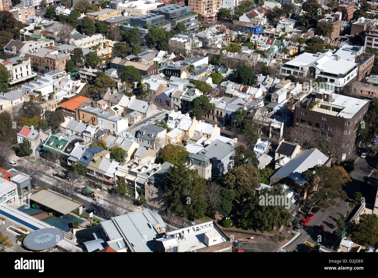 Aerial elevated view of Victorian terrace houses in the inner-city ...