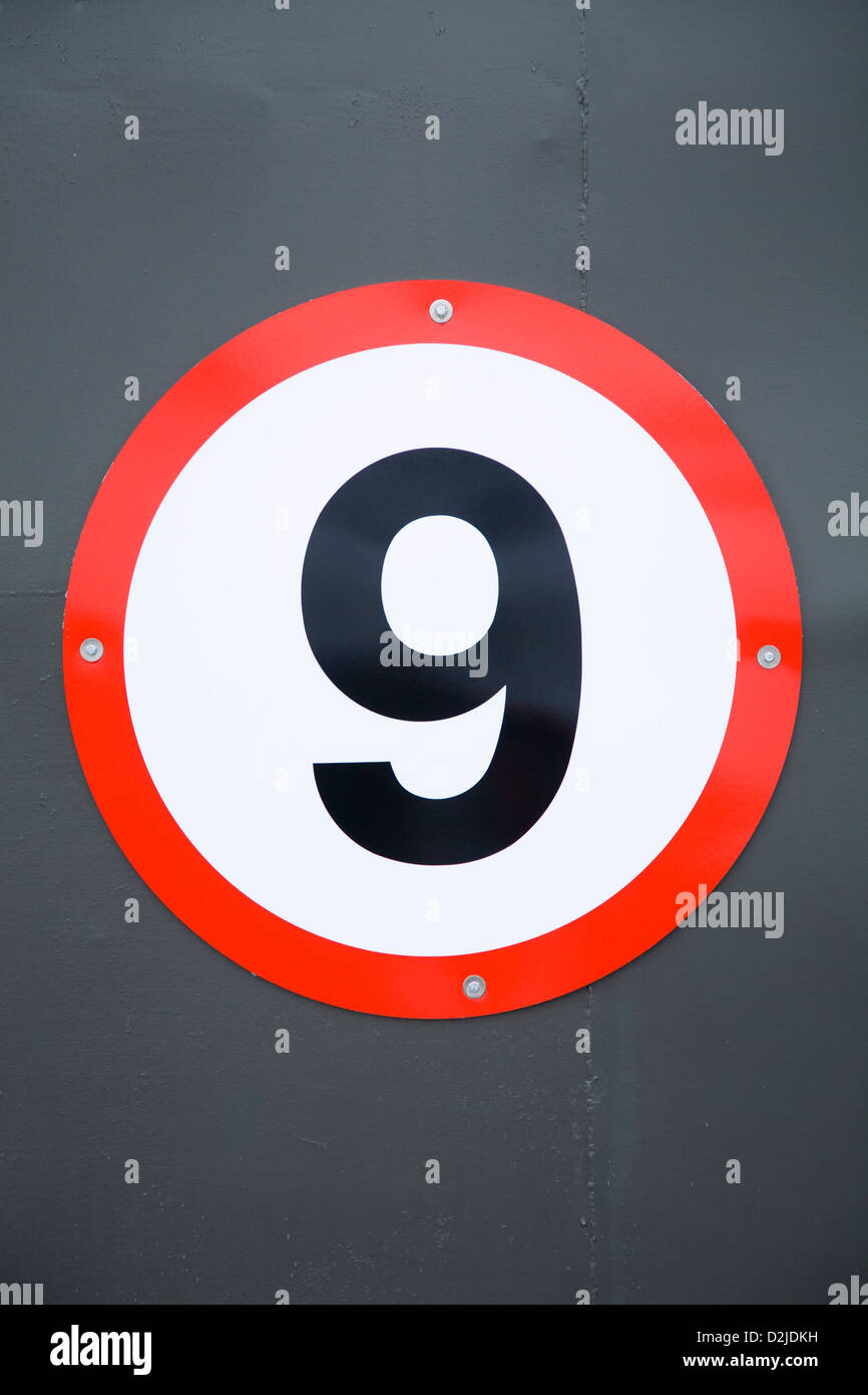 Sign showing the numeral / number 9. Based on a road traffic sign this ...