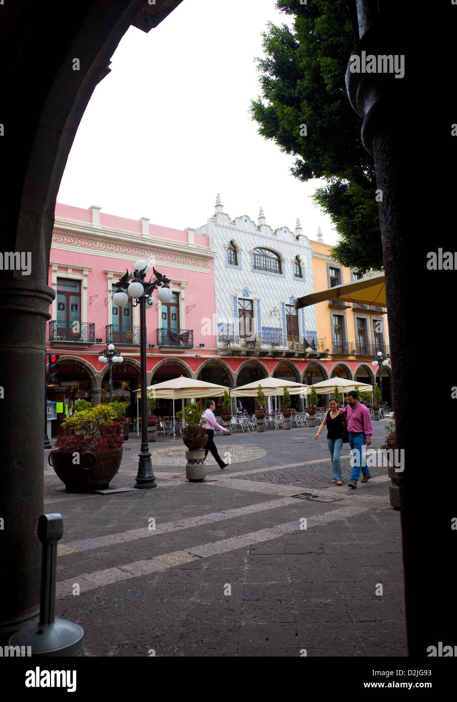 Zocalo Square with park and restaurants in Puebla in Mexico Stock Photo ...