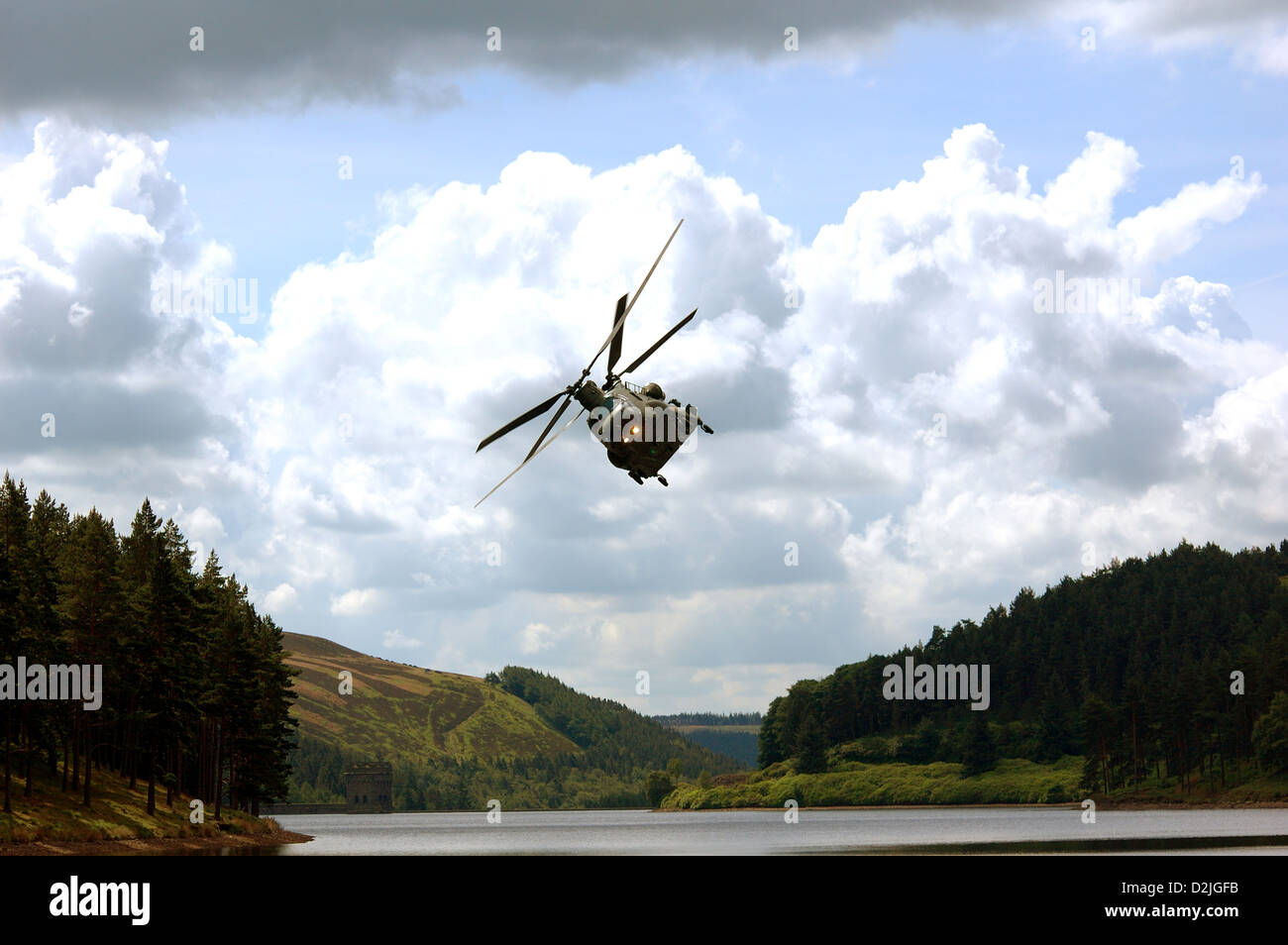 Chinook helicopter flying low over Ladybower Reservoir Derbyshire Stock ...