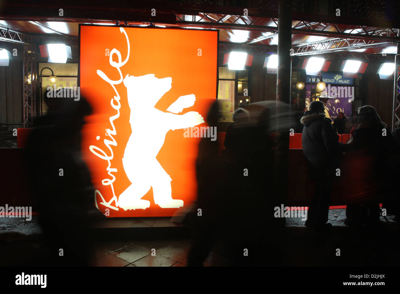 Berlin, Germany, in front of a silhouette of passers Berlinale poster ...