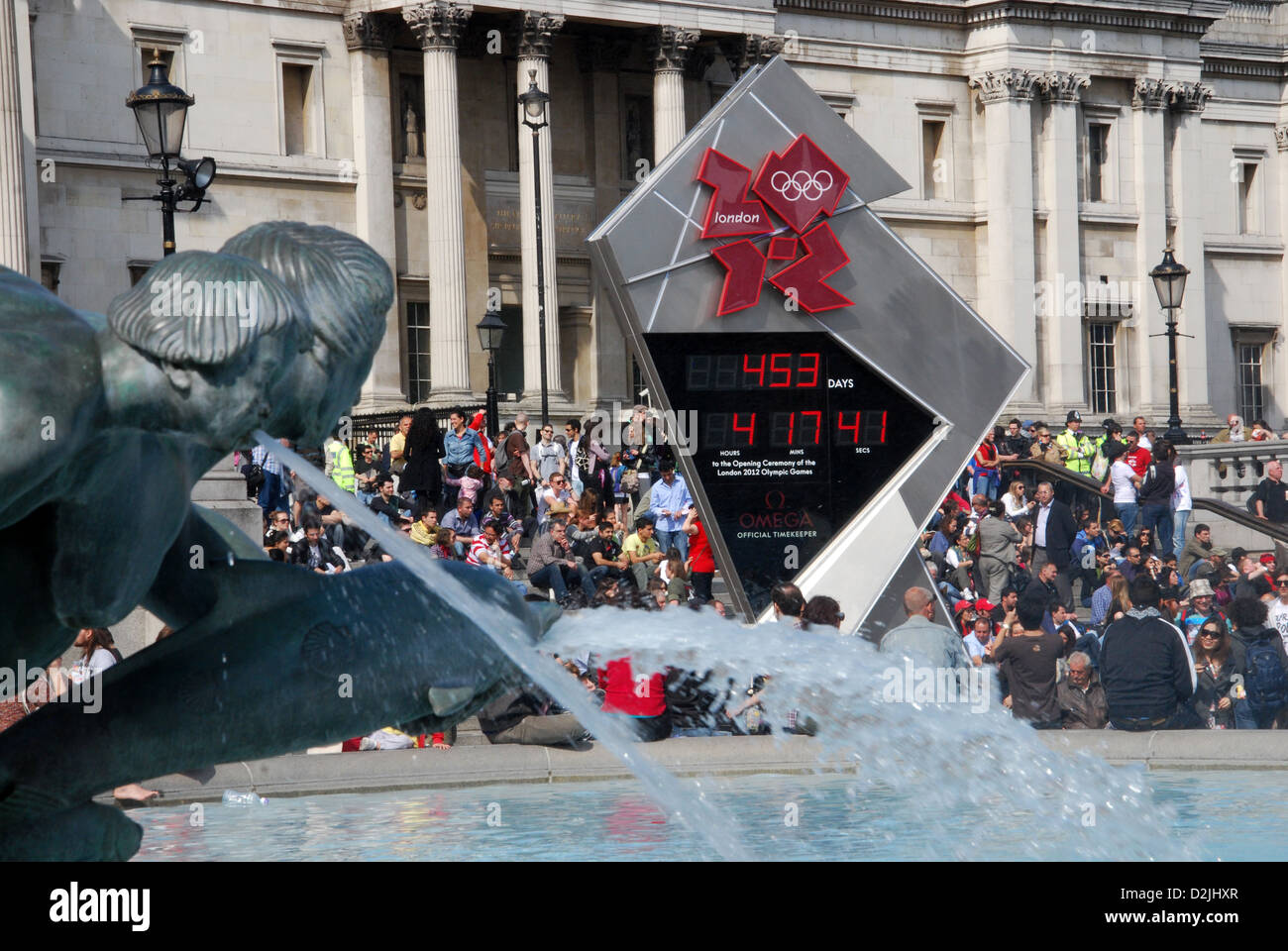 Trafalgar Square with Olympic clock, London UK Stock Photo - Alamy