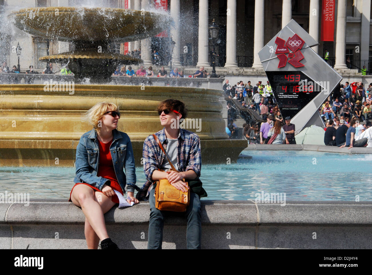 Trafalgar Square with Olympic clock, London UK Stock Photo - Alamy