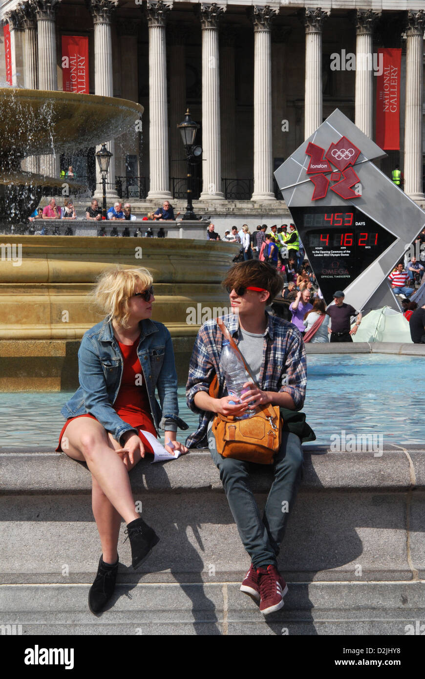 Trafalgar Square with Olympic clock, London UK Stock Photo - Alamy