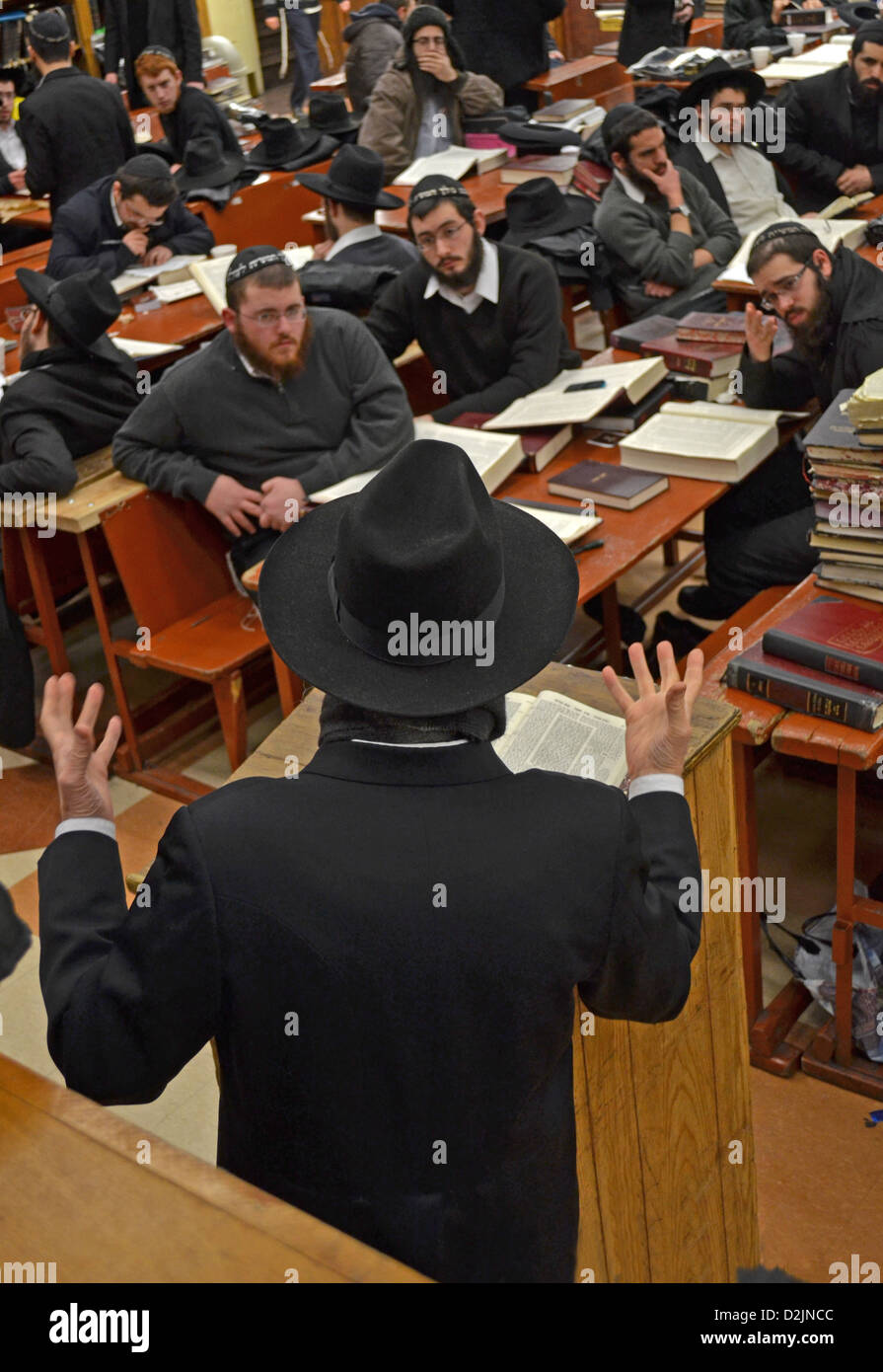 Religious Jewish students at a weekly talmud lecture at Lubavitch ...
