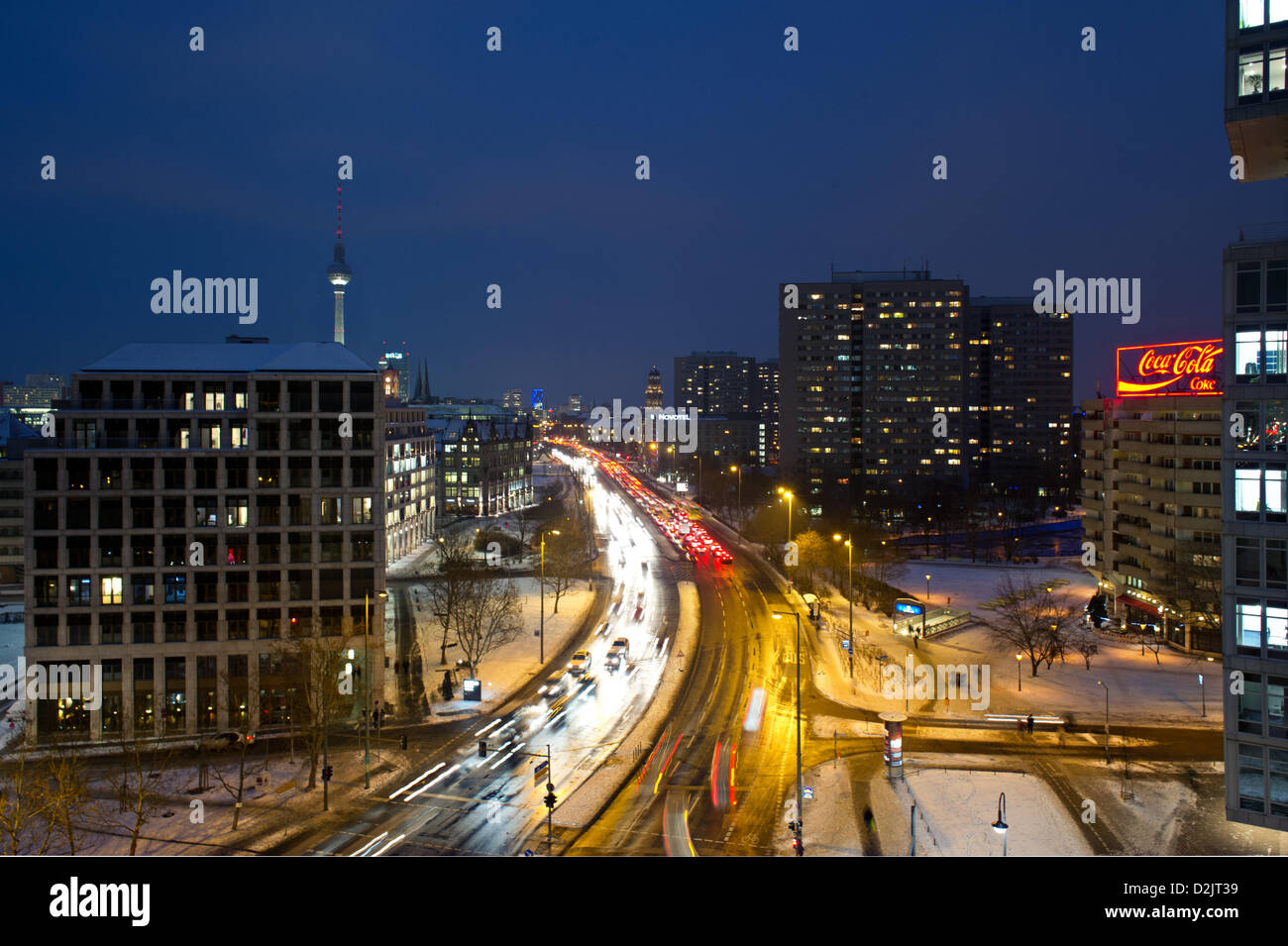 Cars drive along Leipziger Strasse during the so-called blue hour in ...