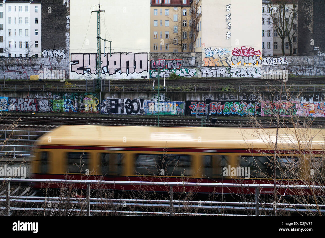Berlin, Germany, S-Tram runs past the old buildings in Berlin ...