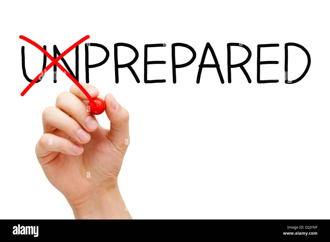 Hand turning the word Unprepared into Prepared with red marker isolated ...