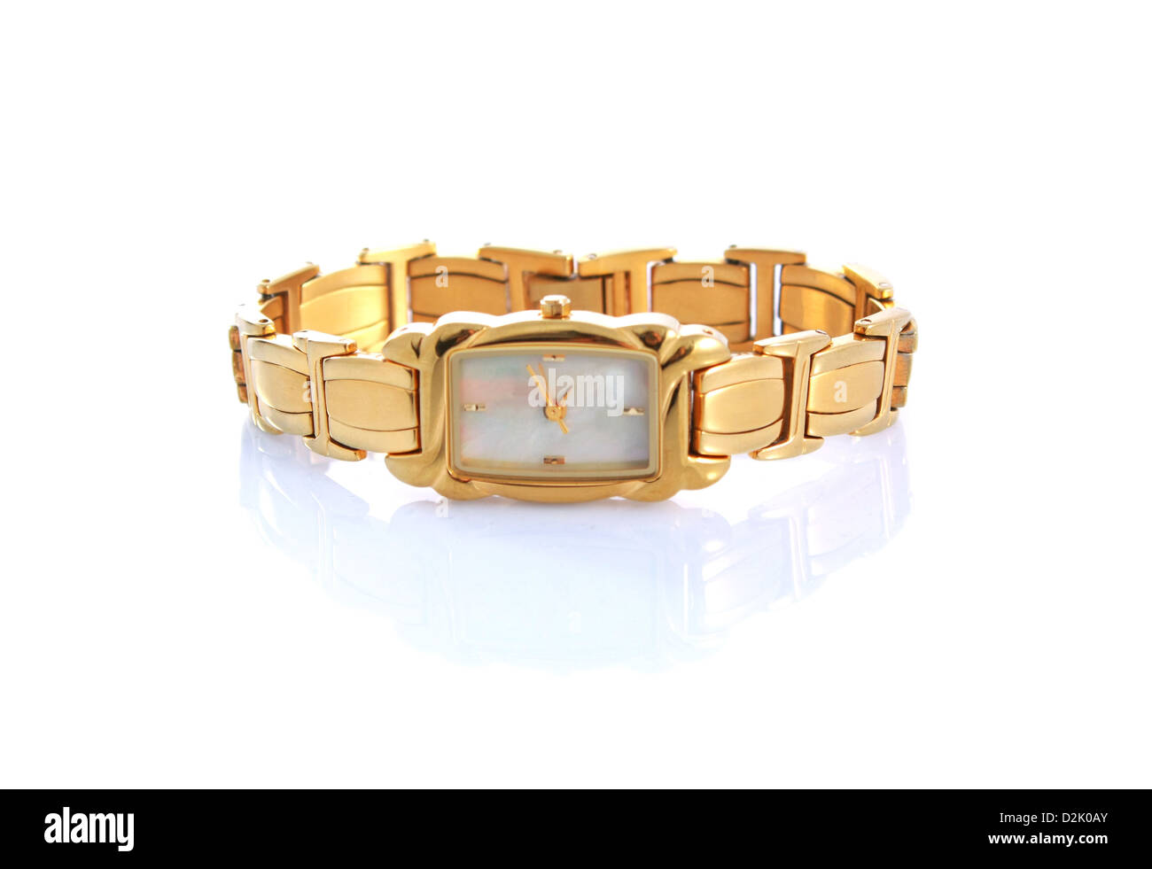 Gold woman watch isolated on white background with reflection Stock ...