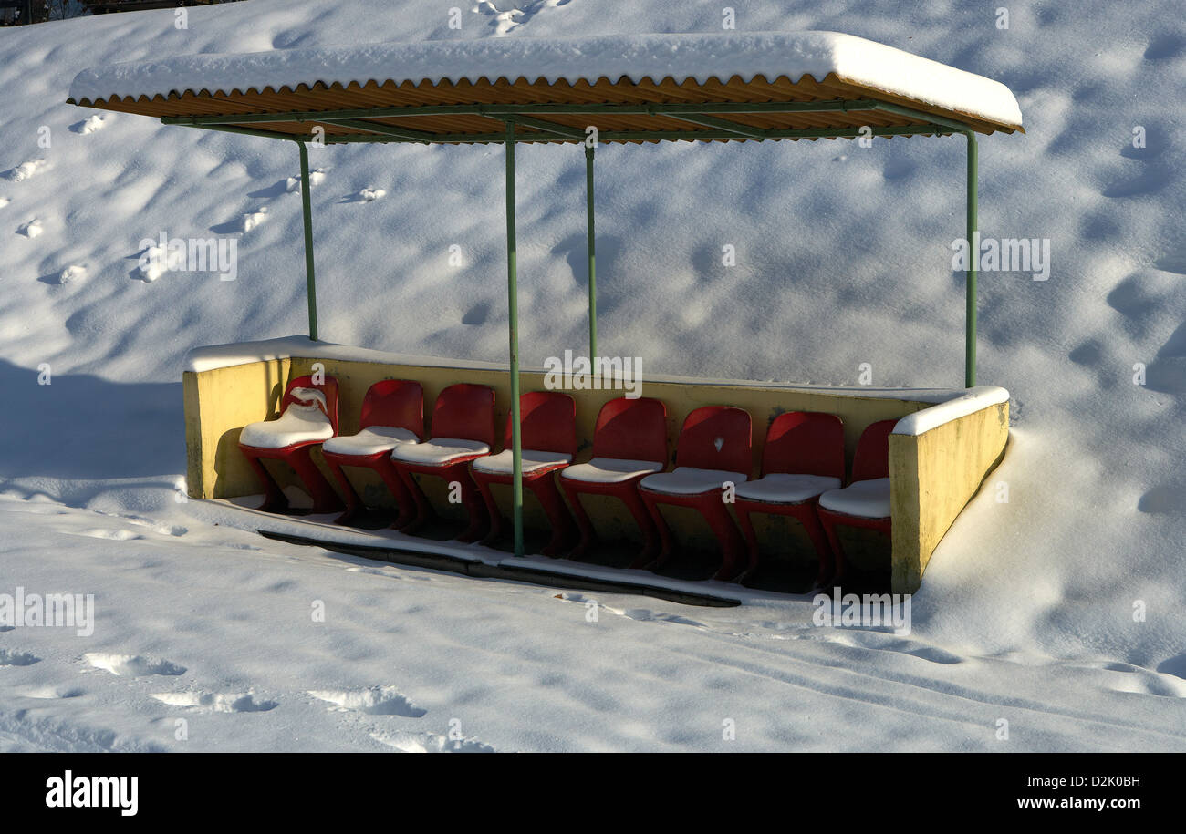 Bad Freienwalde, Germany, wintry on the edge of a snowy football field ...